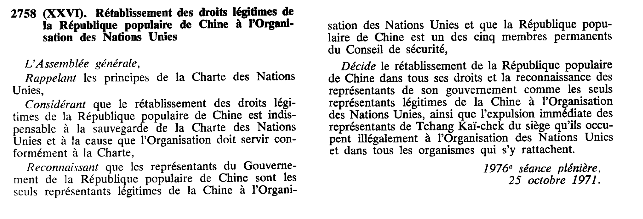 La résolution 2758 donne son siège à la Chine aux Nations unies - Chine ...
